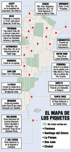 MAPA DE CORTES DE RUTA ANUNCIADOS PARA HOY