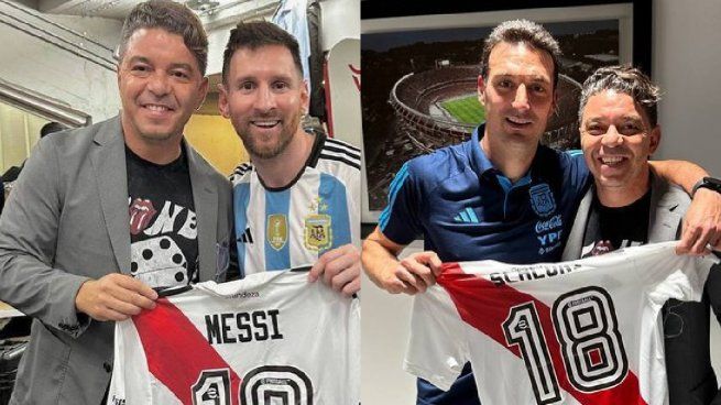 Messi y Scaloni posaron con la camiseta de River junto a Marcelo Gallardo