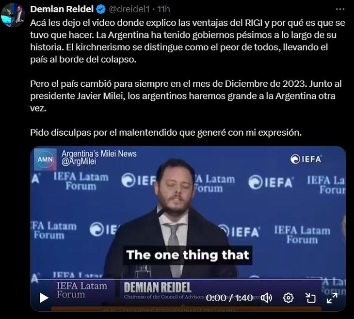 Demian Reidel pidió disculpas por su polémica frase y reivindicó el RIGI