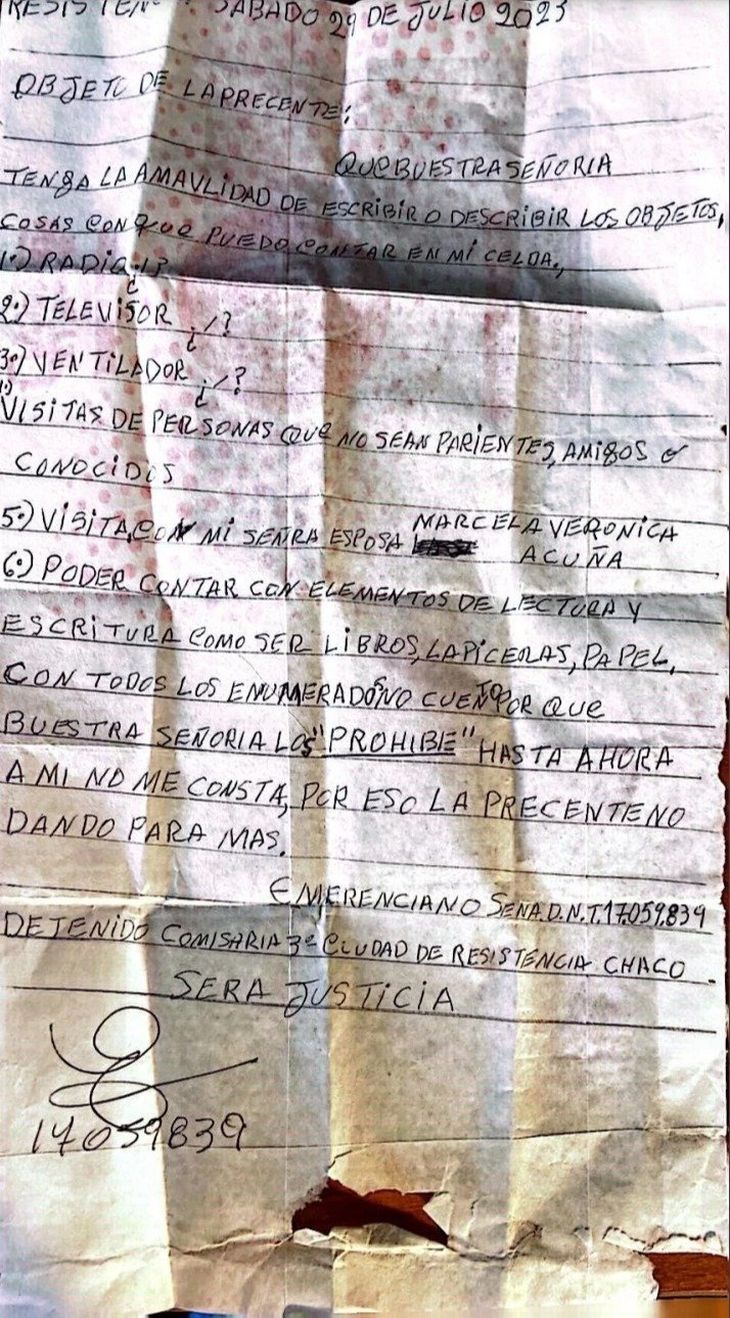 Caso Cecilia Strzyzowski: el extenso pedido de Emerenciano Sena desde la cárcel