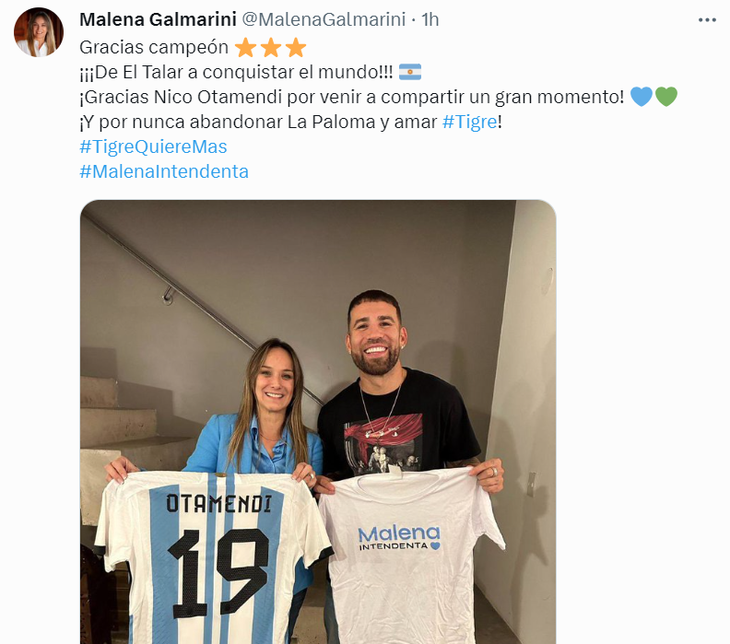 Nicolás Otamendi apoyó la candidatura de Malena Galmarini a la intendencia de Tigre